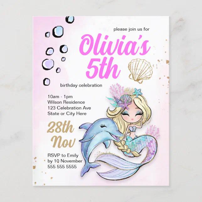 Mermaid Under the Sea Birthday Budget Invitation Flyer | Zazzle