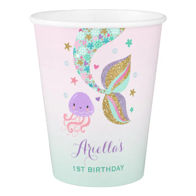 Mermaid Under The Sea Birthday Paper Cup Pink Gold | Zazzle