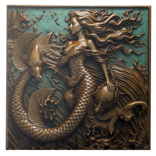 Mermaid Under The Sea Bronze 3D Effect Marine Ceramic Tile | Zazzle
