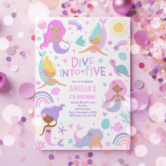 Mermaid Under The Sea Dive Into Five 5th Birthday Invitation | Zazzle
