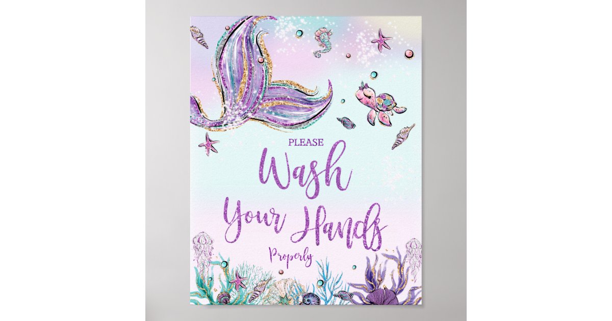 Mermaid Under the Sea Wash Your Hands Bathroom Poster | Zazzle