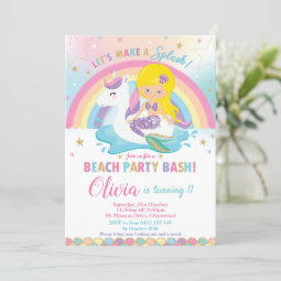 Mermaid Unicorn Beach Party Birthday Blond Invitation | Zazzle