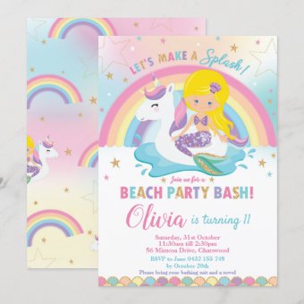 Mermaid Unicorn Beach Party Birthday Blond Invitation | Zazzle