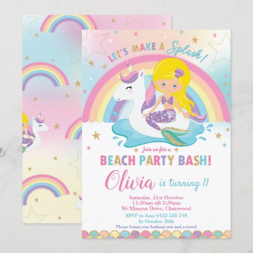 Mermaid Unicorn Beach Party Birthday Blond Invitation | Zazzle