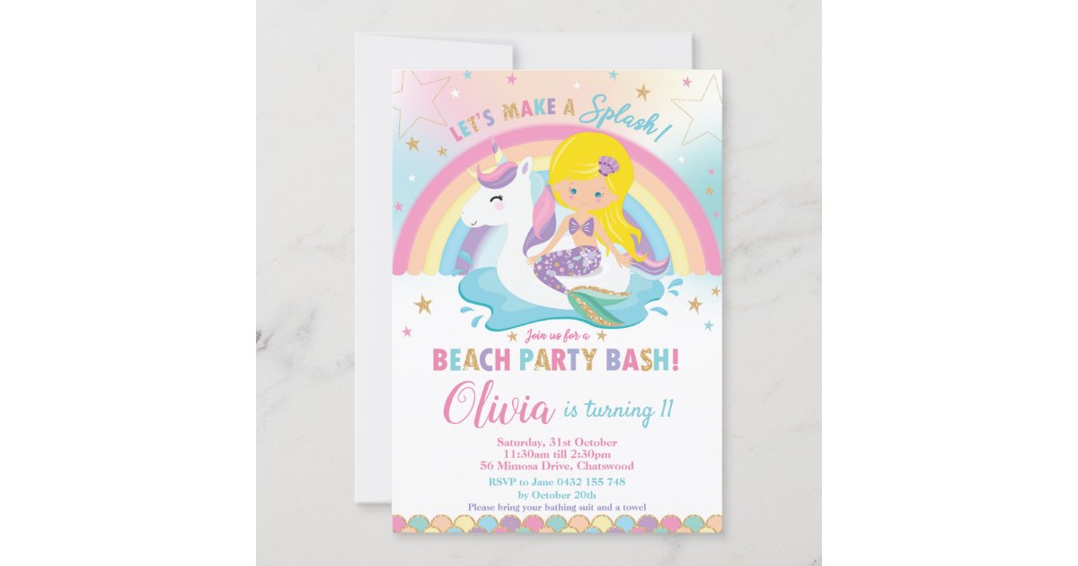 Mermaid Unicorn Beach Party Birthday Blond Invitation | Zazzle