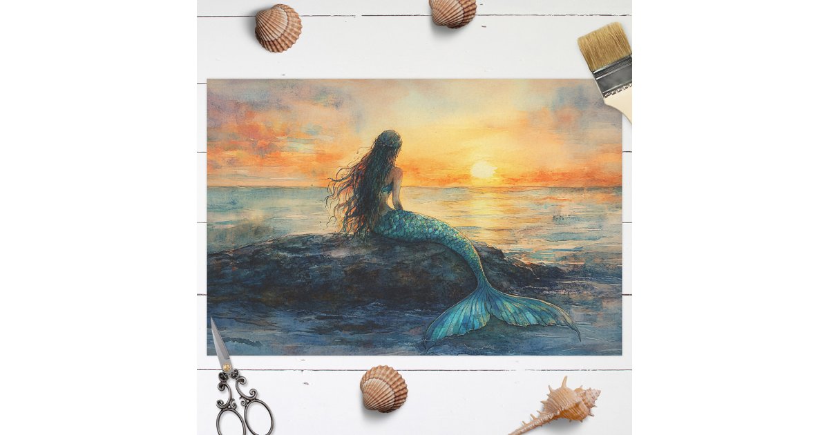 Mermaid Watching a Sunrise Art Decoupage Tissue Paper | Zazzle