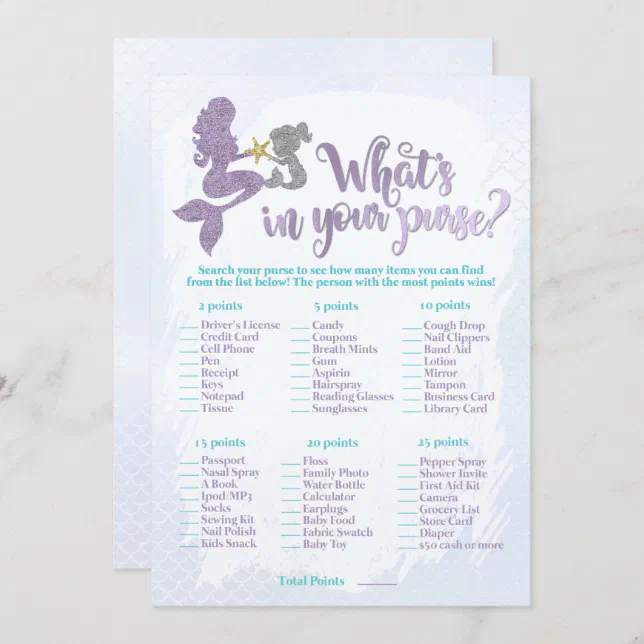 Mermaid What's in your purse baby shower game card | Zazzle