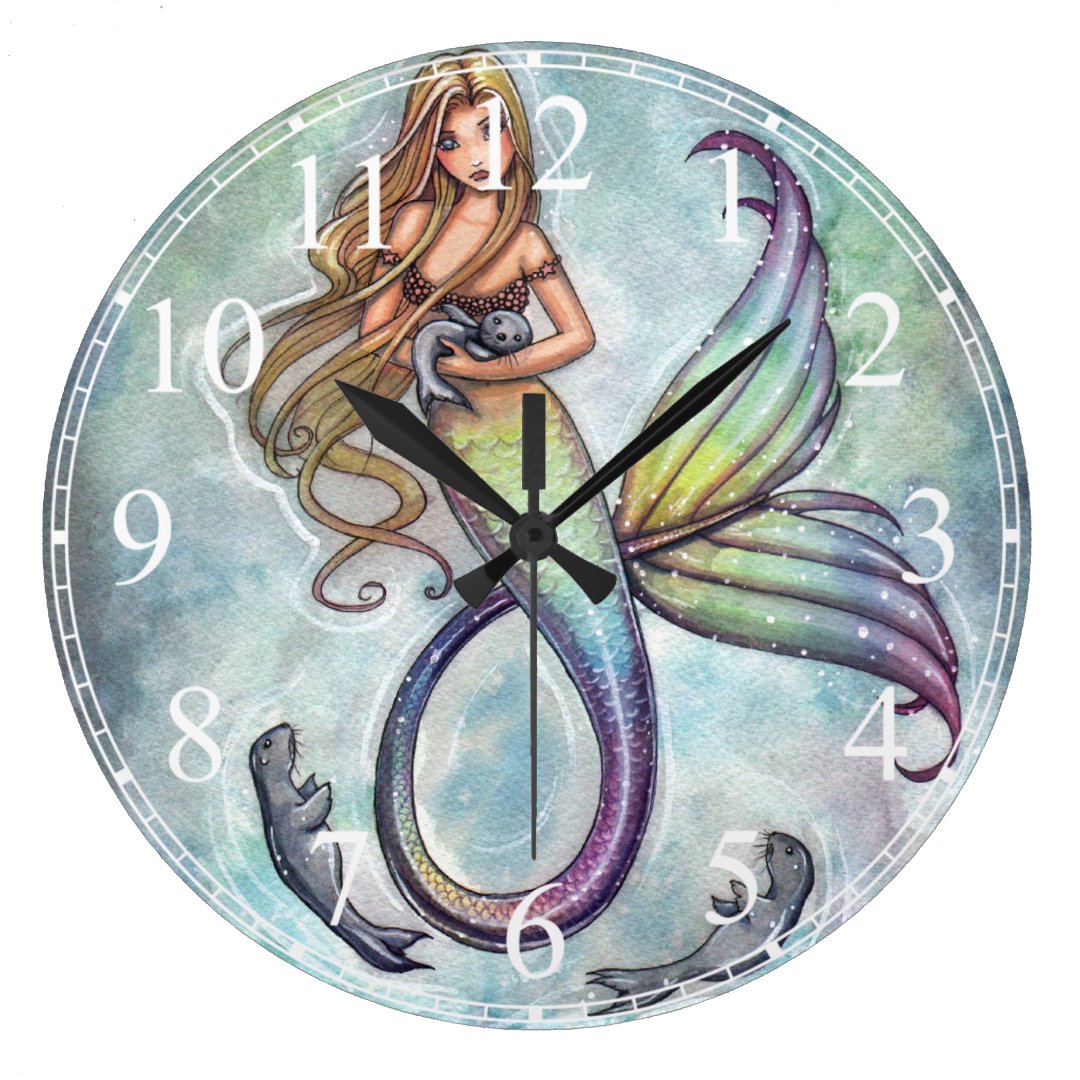 Mermaid with Baby Seals Clock | Zazzle
