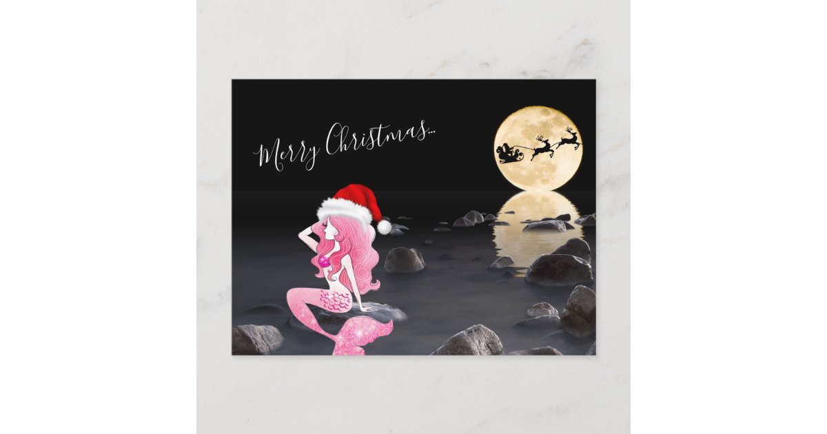 Mermaid with Santa and Sleigh Merry Christmas Holiday Postcard | Zazzle