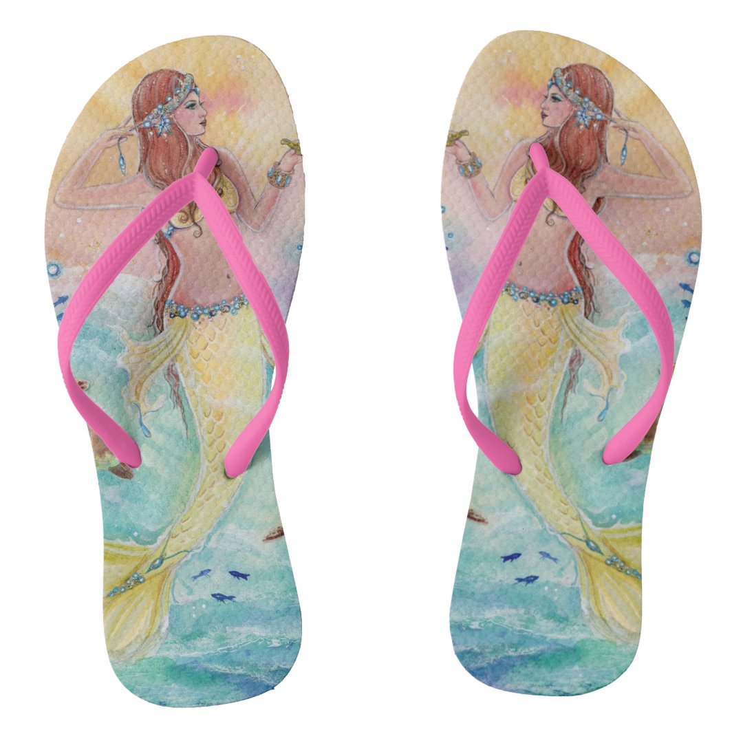 Mermaid with sea turtle art by Renee Lavoie Flip Flops | Zazzle