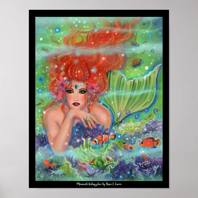 Mermaid with tropical fish art by Renee Lavoie Poster | Zazzle