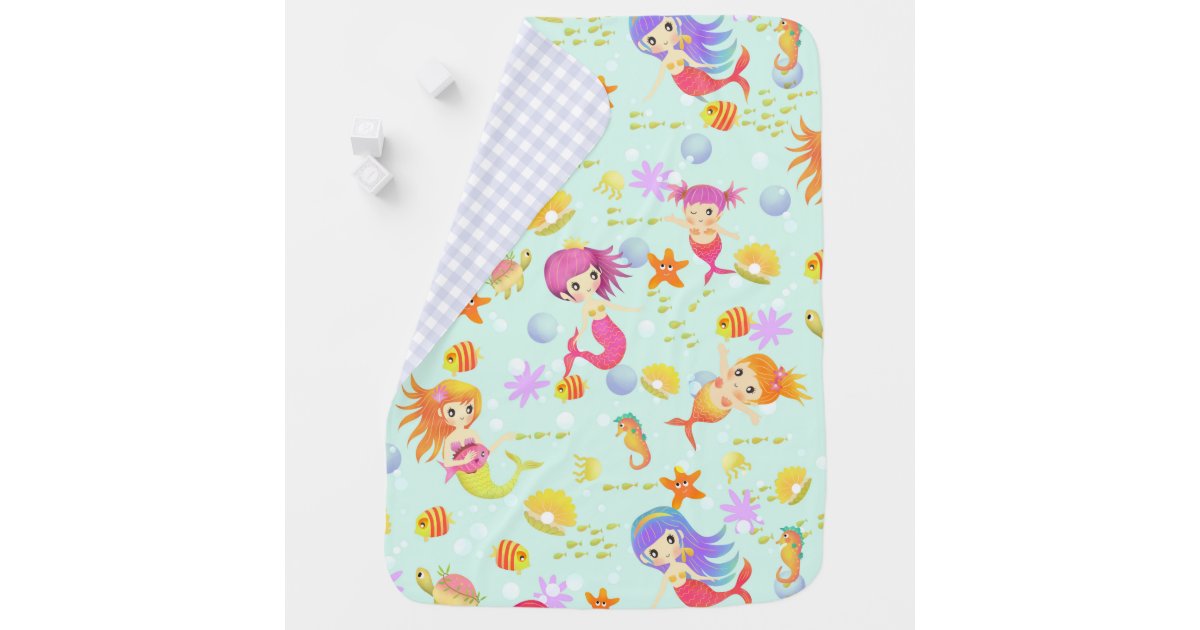 Mermaids Blue with Gingham Baby Blanket | Zazzle