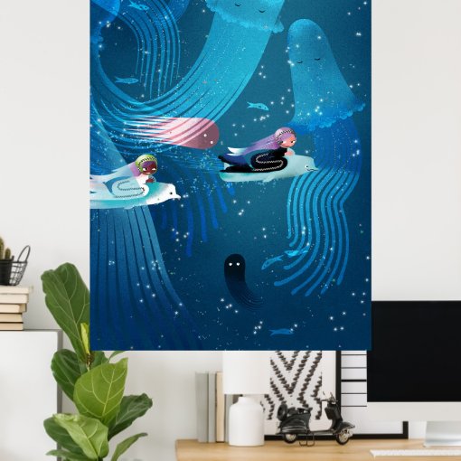 Mermaids racing in ocean kids' illustration poster | Zazzle