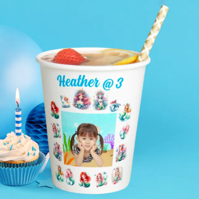 Mermaids Under the Sea Photo Kids Birthday Party Paper Cups | Zazzle