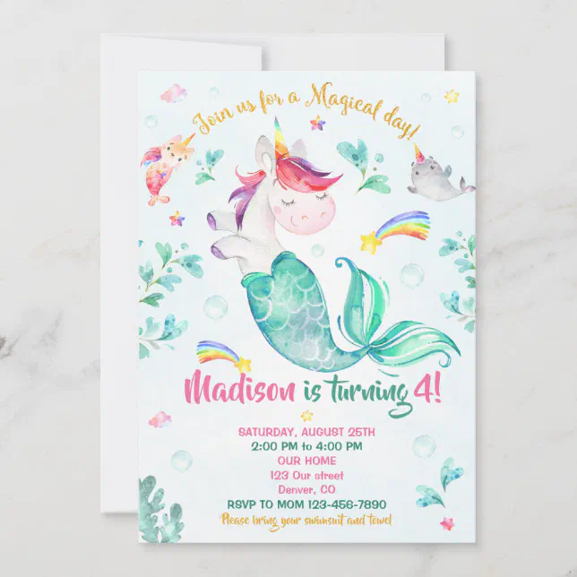 Mermicorn birthday invitation Girl Magical party | Zazzle