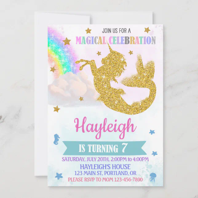 Mermicorn birthday invitation Magical unicorn girl | Zazzle
