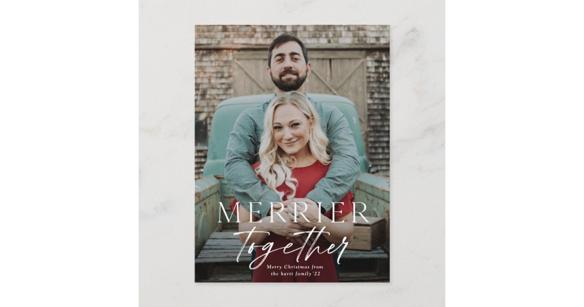 Merrier together full bleed photo Merry Christmas Holiday Postcard | Zazzle