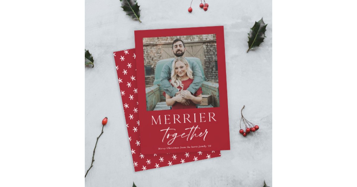 Merrier Together Script Photo Merry Christmas Card | Zazzle
