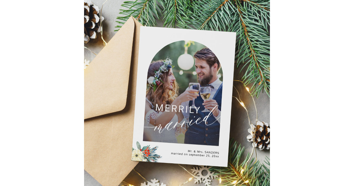 Merrily married simple minimalist 2 photos wedding holiday card | Zazzle