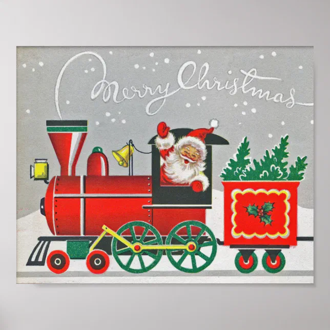 Merrry Christmas Vintage Train Red Xmas Holiday Poster | Zazzle