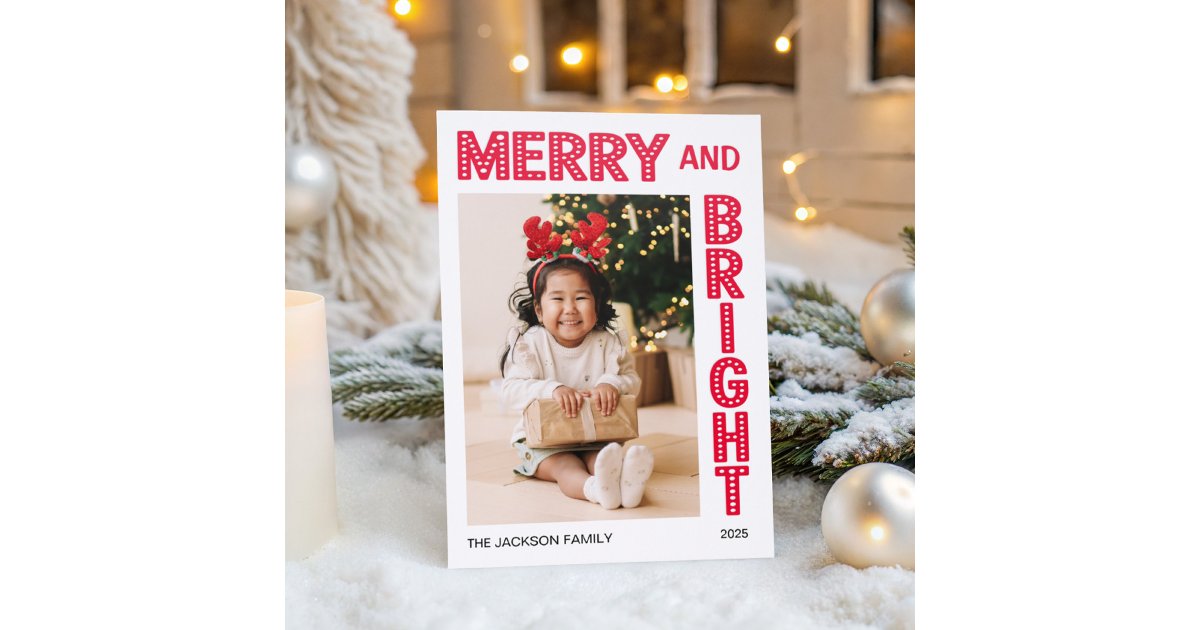 Merry and bright bold typography Christmas Letterpress Photo Cards | Zazzle