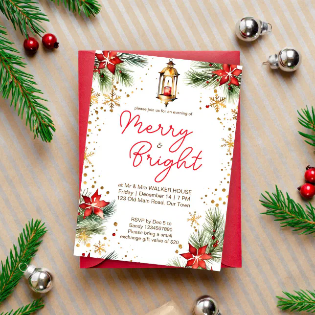 Merry and bright Christmas dinner party lantern Invitation | Zazzle