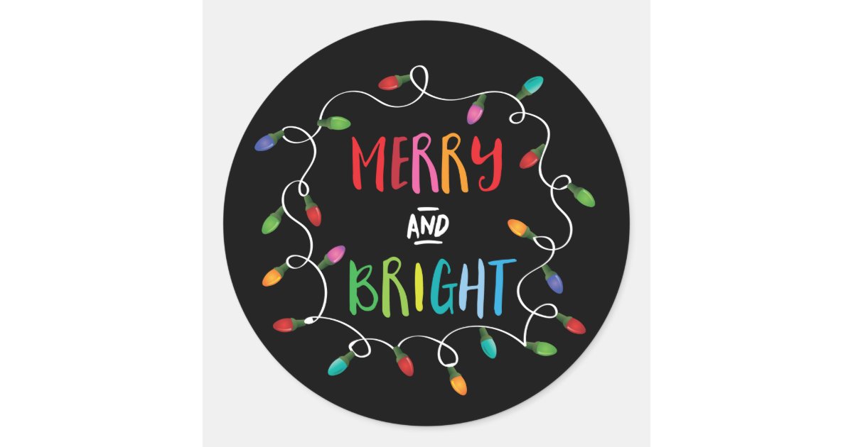 Merry and Bright Christmas Lights (Black) Classic Round Sticker | Zazzle
