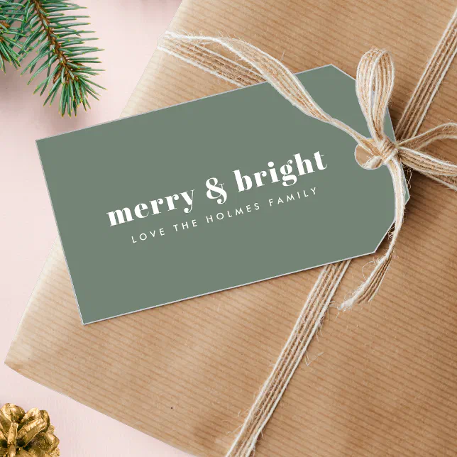 Merry and Bright | Modern Minimal Christmas Green Gift Tags | Zazzle