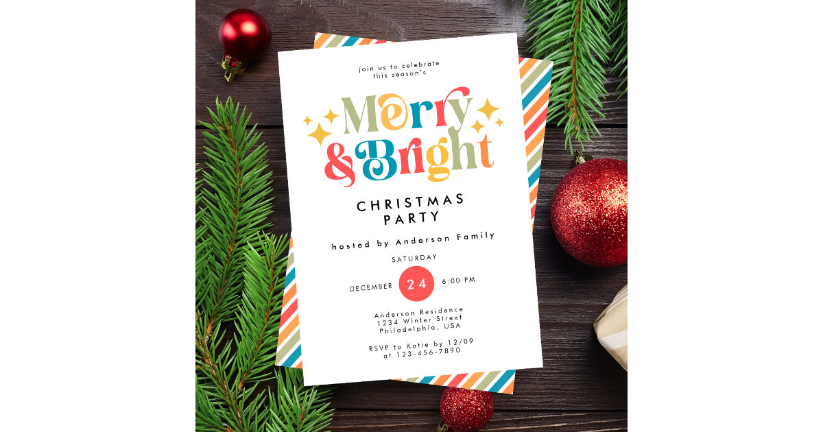 Merry and Bright Retro Colorful Christmas Party Invitation | Zazzle