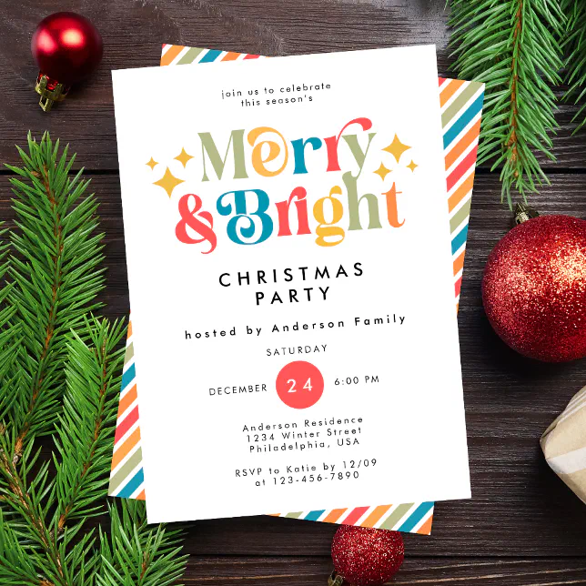 Merry and Bright Retro Colorful Christmas Party Invitation | Zazzle