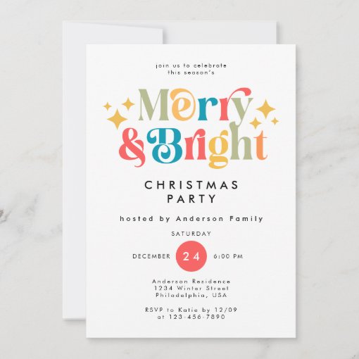 Merry and Bright Retro Colorful Christmas Party Invitation | Zazzle