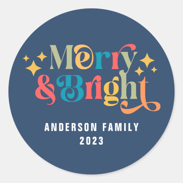 Merry and Bright Retro Colorful Family Classic Round Sticker | Zazzle