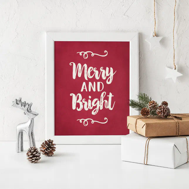 Merry and Bright Rustic Red Holiday Wall Poster | Zazzle