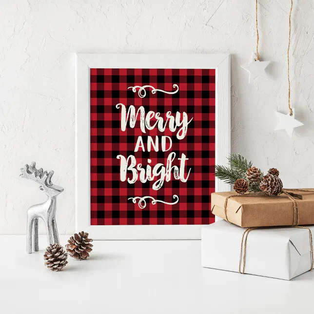 Merry and Bright Rustic Red Plaid Holiday Wall Poster | Zazzle