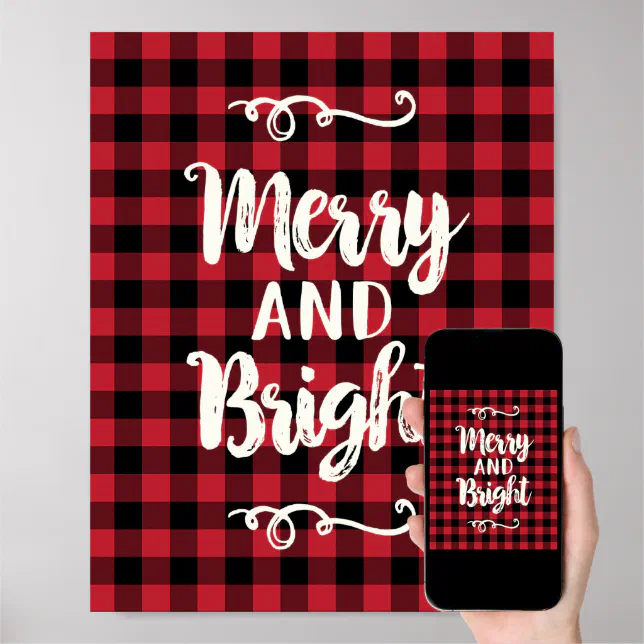 Merry and Bright Rustic Red Plaid Holiday Wall Poster | Zazzle