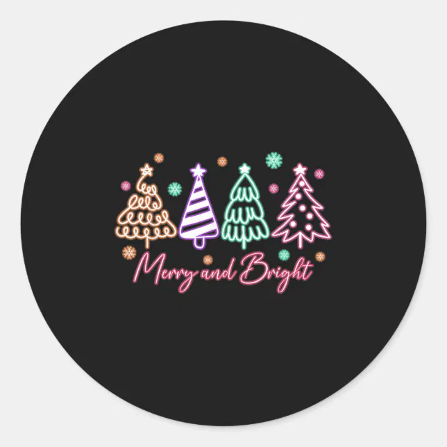 Merry And Bright Tree Neon Christmas Classic Round Sticker | Zazzle