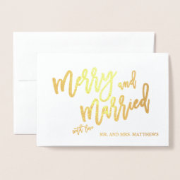 Merry and Married Gold Foil Script Holiday Photo Foil Card | Zazzle