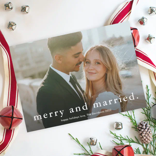 Merry and Married Simple Type Photo Christmas Holiday Card | Zazzle