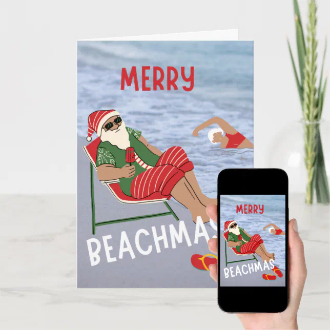 Merry Beachmas Santa on the Beach Christmas Card | Zazzle