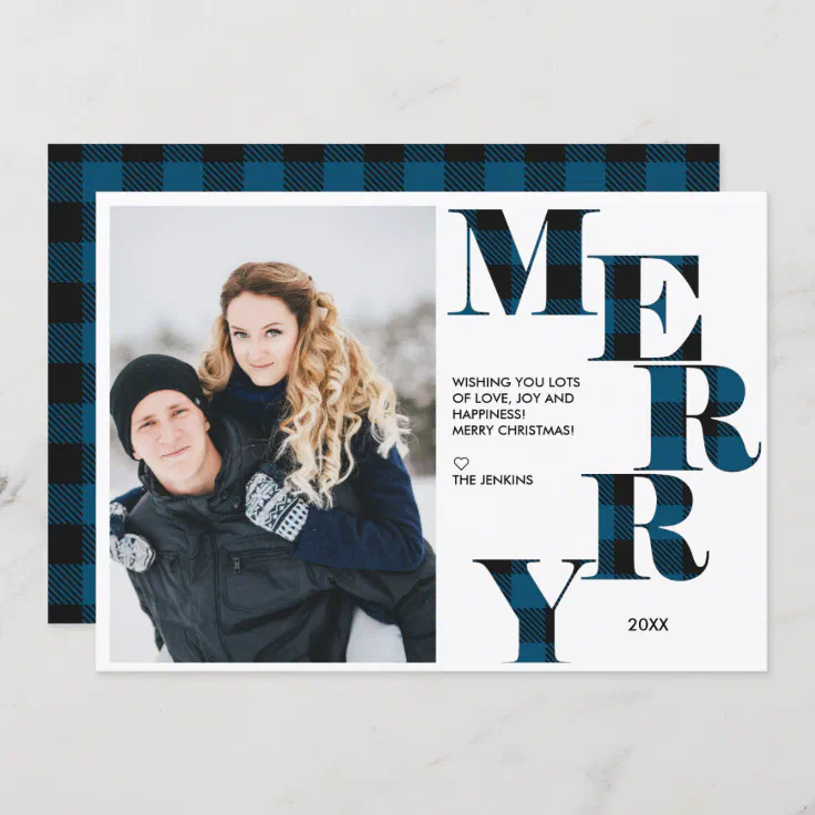 Merry | Blue Buffalo Plaid Photo Holiday Invitation | Zazzle