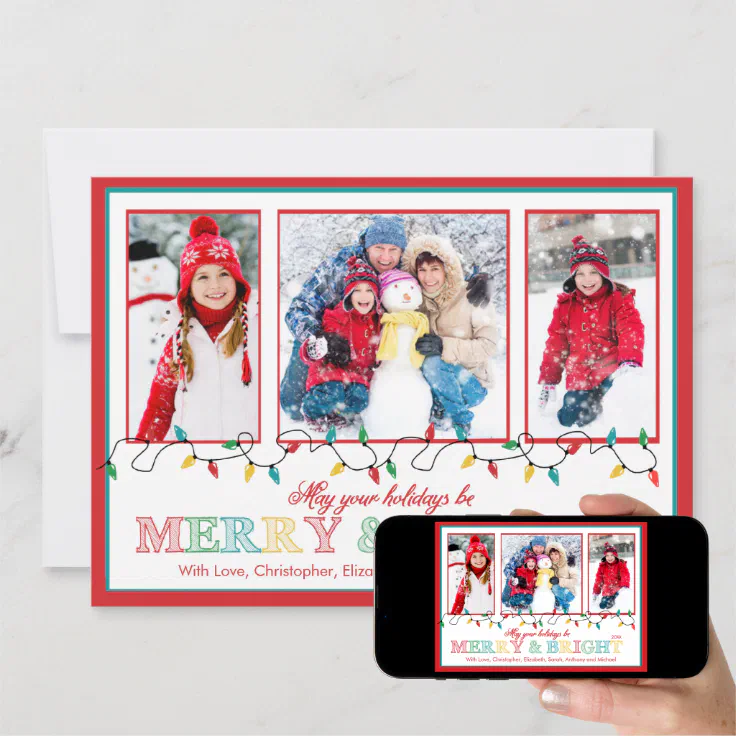 Merry & Bright Christmas Lights 3 Photo Greeting Holiday Card | Zazzle