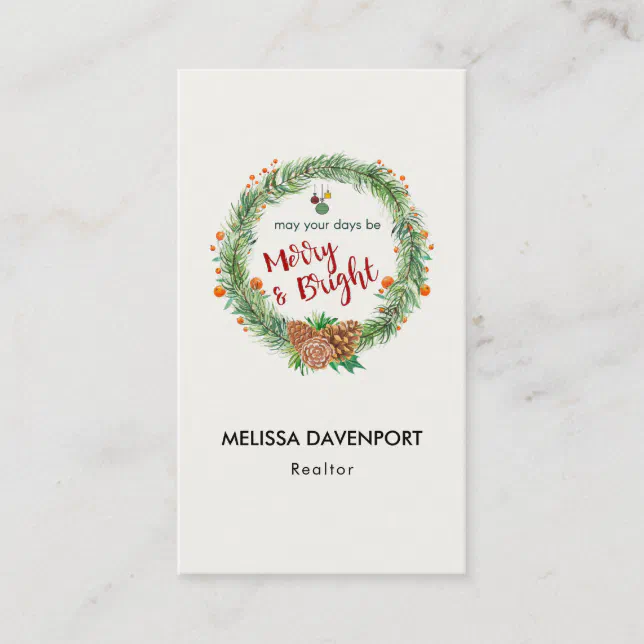 Merry & Bright Christmas Wreath Business Card | Zazzle