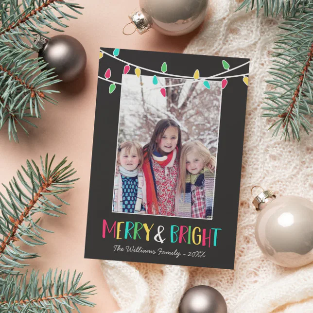 Merry & Bright - Colorful String Lights - Photo Holiday Card | Zazzle