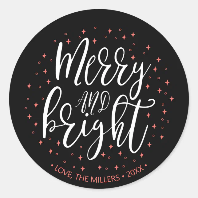 Merry & Bright | Coral & Black Christmas Gift Classic Round Sticker ...