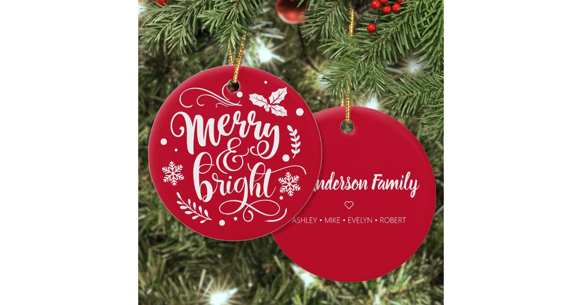 Merry & Bright Custom Family Name Red Christmas Ceramic Ornament | Zazzle
