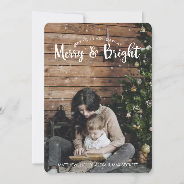 Merry & Bright Holiday Card with Snow | Zazzle