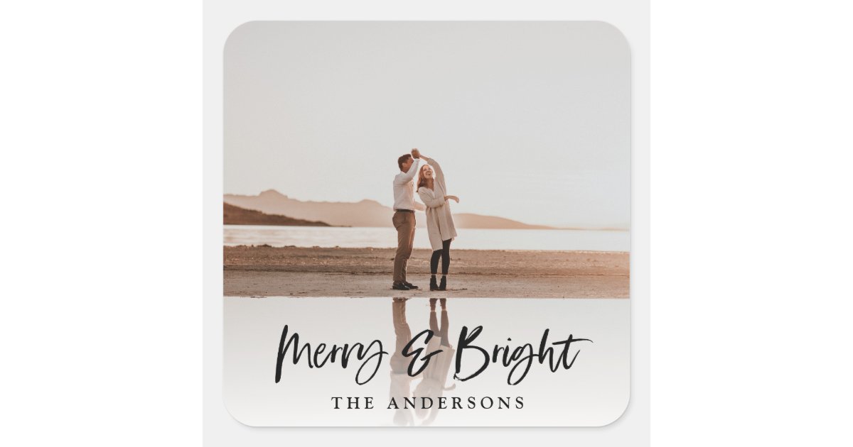 Merry & Bright modern photo christmas Square Sticker | Zazzle