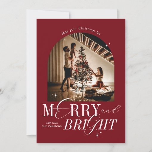 Merry & Bright Red Elegant Script Christmas Photo Holiday Card | Zazzle