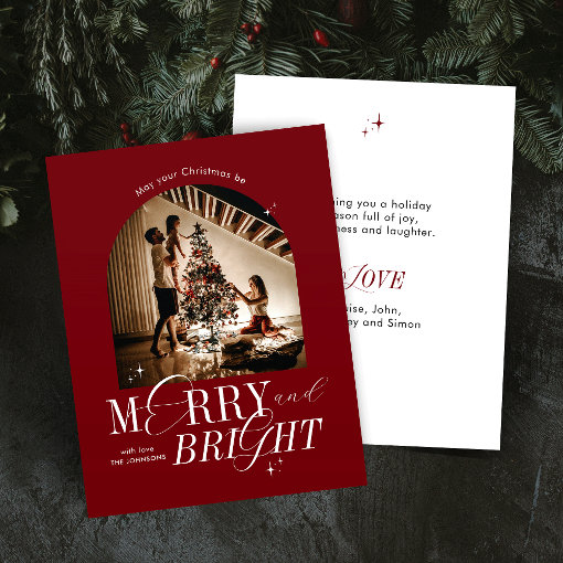 Merry & Bright Red Elegant Script Christmas Photo Holiday Card | Zazzle