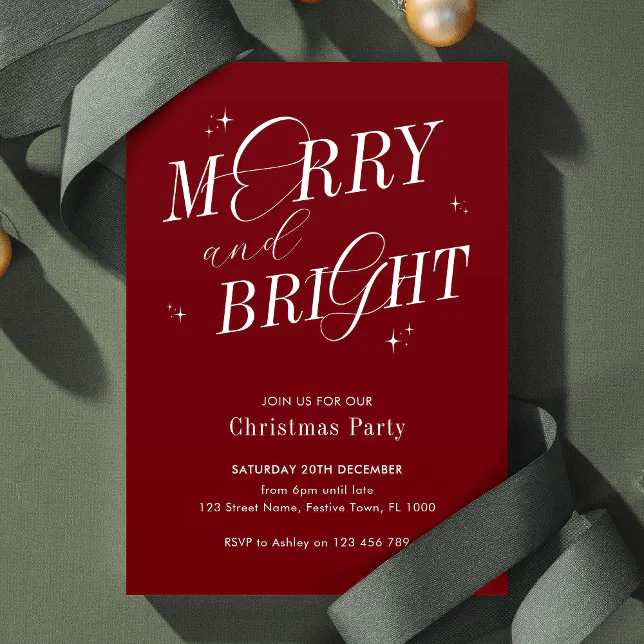 Merry & Bright Red Elegant Script Modern Christmas Invitation | Zazzle